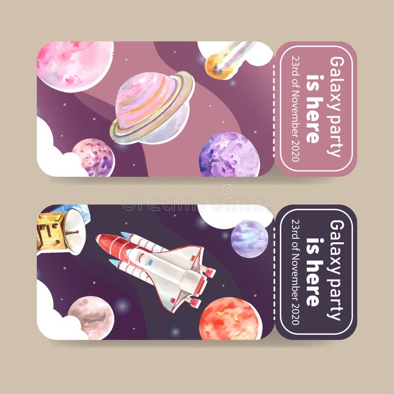 Galaxy Ticket Design with Rocket, Satellite, Planet Illustration ...