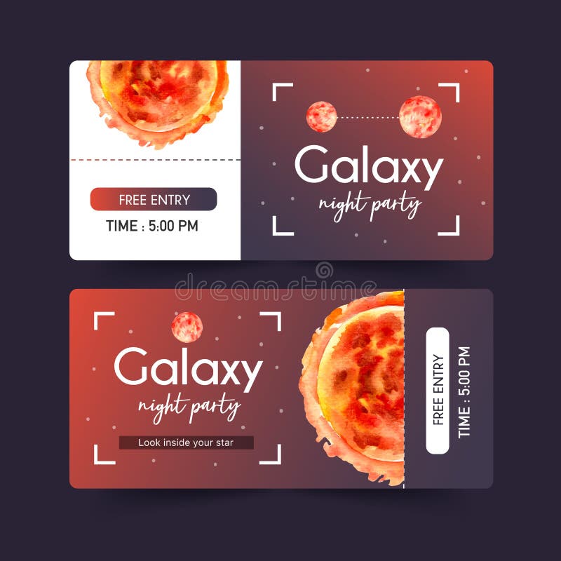 Galaxy Ticket Design with Venus, Sun Illustration Watercolor Stock ...
