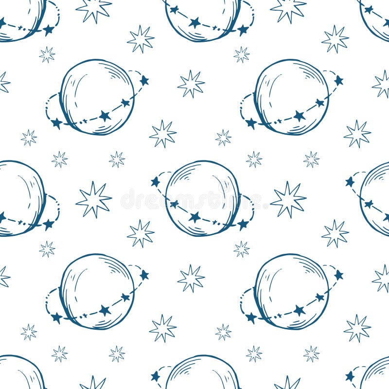 Blue Outline Seamless Pattern with Stars, Planet and Celestial. Galaxy ...