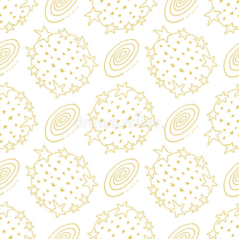 Yellow Outline Seamless Pattern with Stars, Planet and Celestial ...