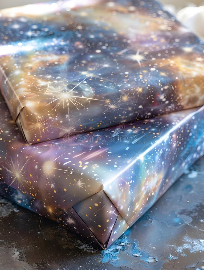 Galaxy Wrapped Gift Boxes, Closeup, Textured Surface, Space Design ...