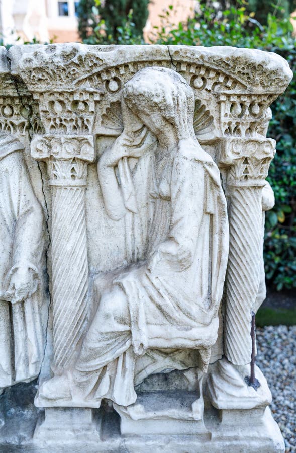 Close-up on Sculpture of Woman Wearing a Veil Carved in an Ancient ...
