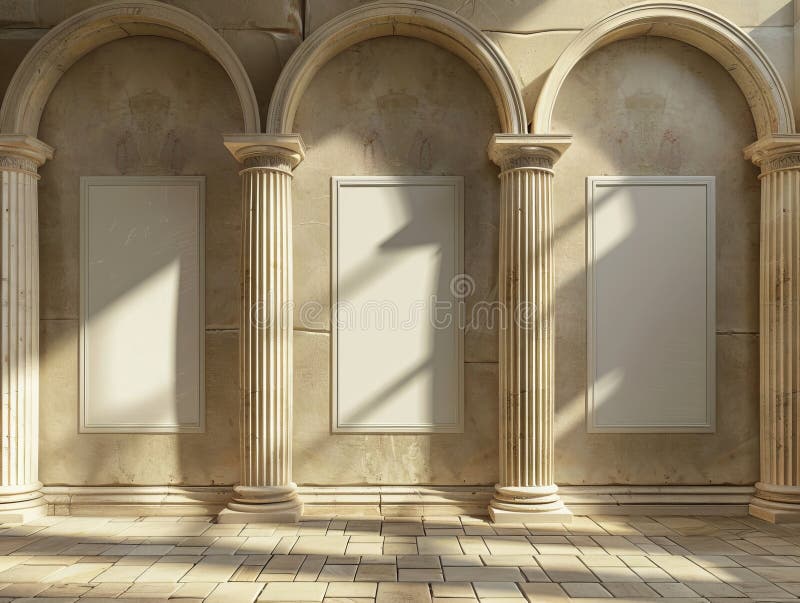 A Gallery with Columns and Three Empty Frames, Classic Architecture in ...