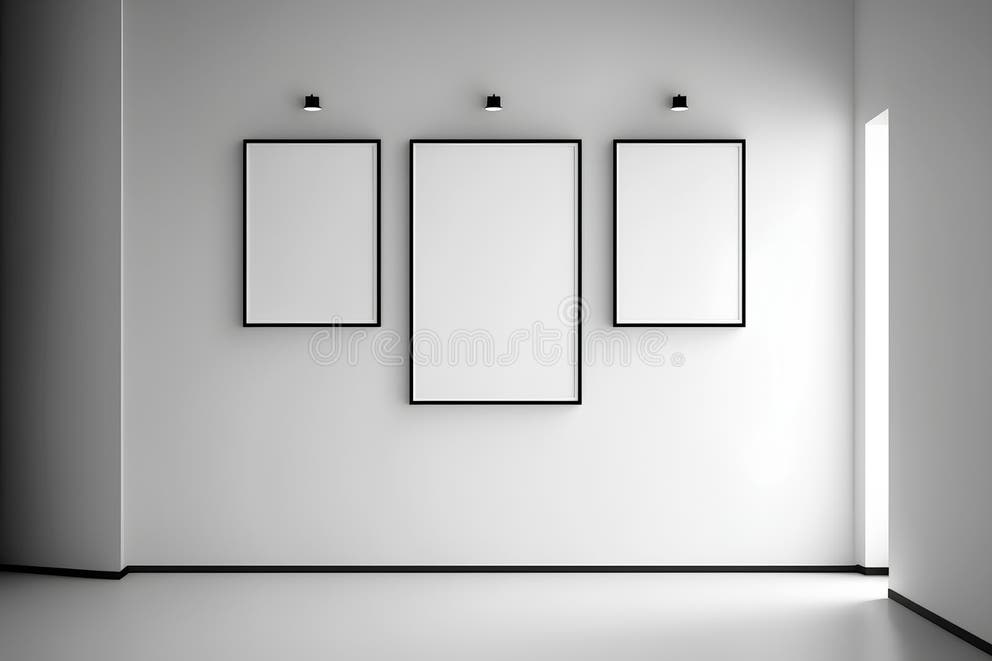 Gallery Interior with Three Empty Frames on Wall, 3d Render Illustration Stock Illustration ...