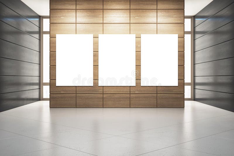 Gallery Interior with Trio of White Canvas Frames on Wooden Wall, Dark ...