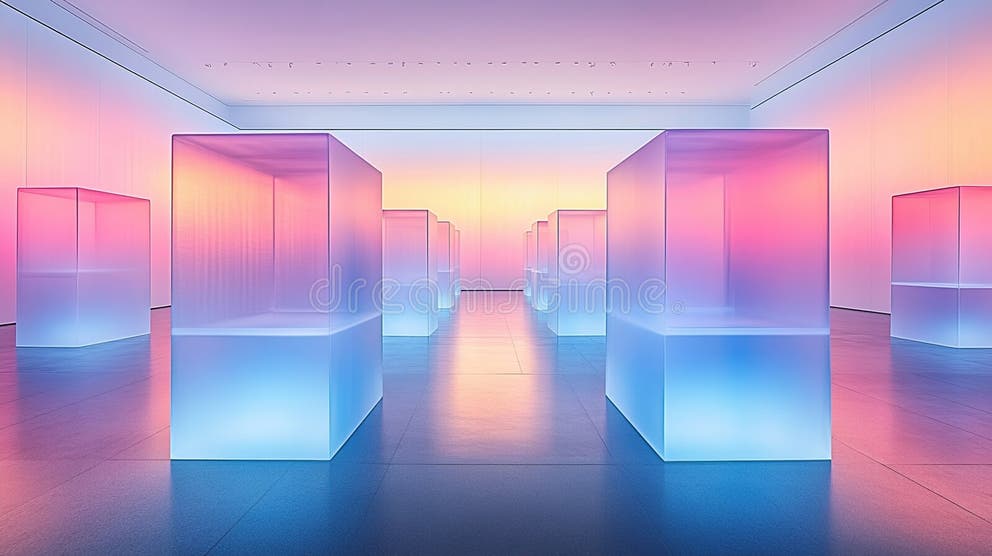 A Gallery Space Filled with Translucent, Glowing Cubic Displays Stock ...