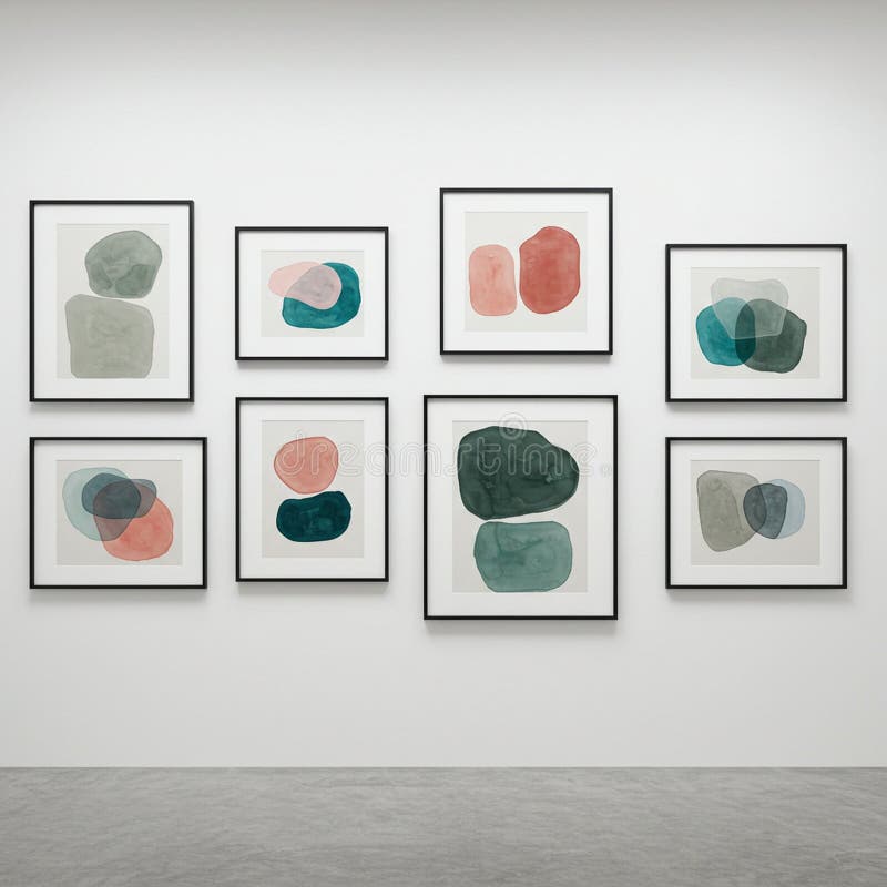 Gallery Wall Displaying Abstract Artwork Featuring Overlapping Organic ...