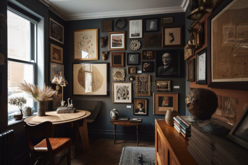 A Gallery Wall Filled with Art, Books and Curios Stock Illustration ...