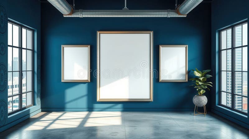 Gallery Wall with Framed Art in Minimal Blue Space with Plant and ...