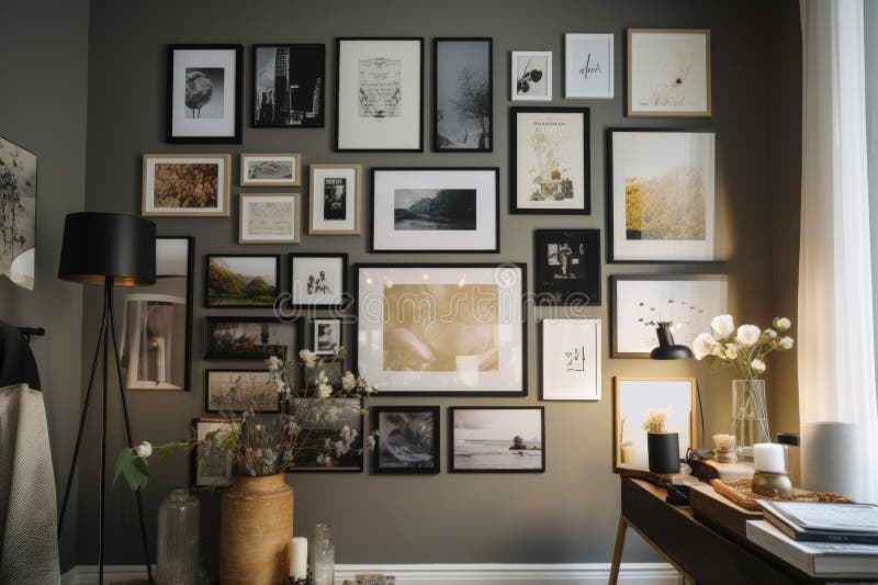 A Gallery Wall with a Mix of Framed Photos and Art Pieces Stock ...