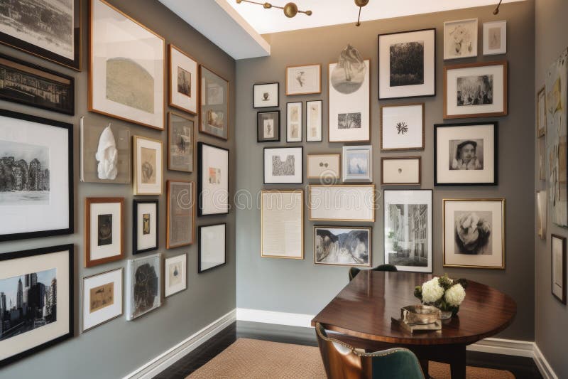A Gallery Wall with a Mix of Framed Photos and Art Pieces Stock ...