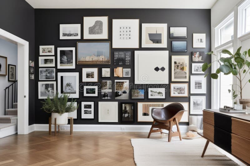 A Gallery Wall with a Mix of Framed Photos and Art Pieces Stock ...