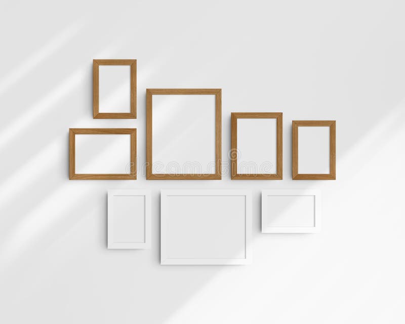 Gallery Wall Mockup Set, 8 White and Cherry Wood Frames. Clean, Modern ...