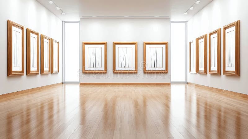 Gallery Wall with Wooden Frames and Clean Flat Design in Well-Lit Art ...