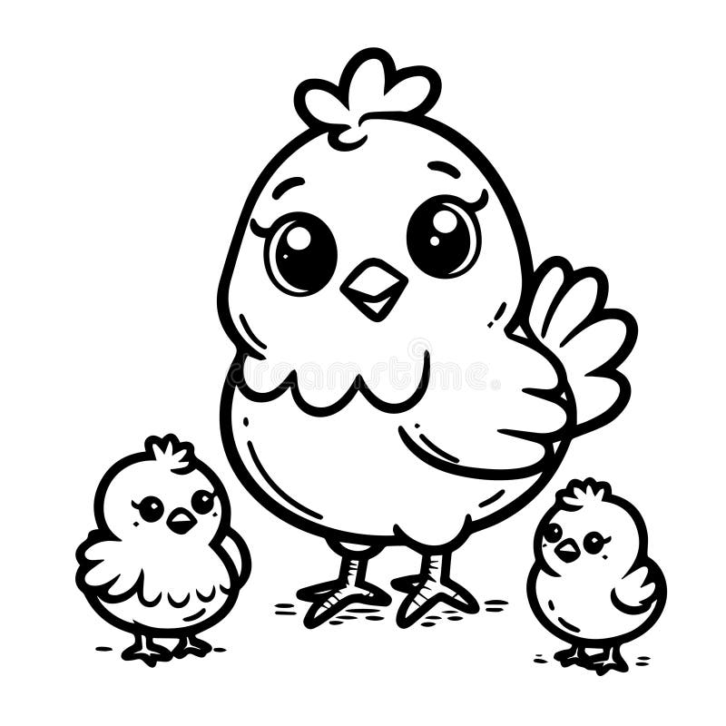 Linear Vector Drawing of a Hen with Her Chicks in Black and White Stock ...