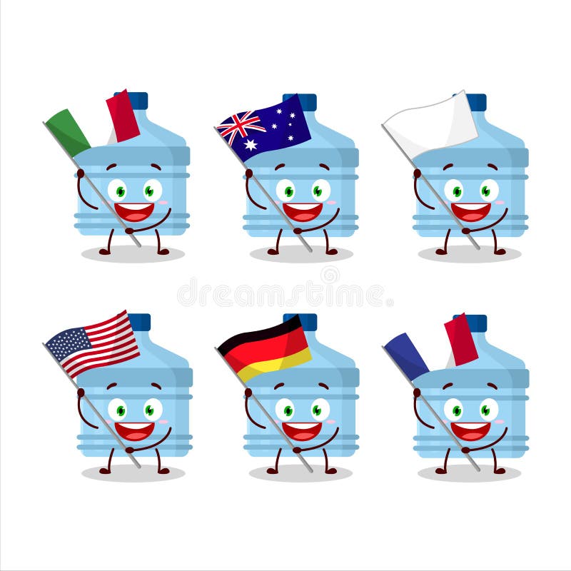 Gallon Cartoon Character Bring The Flags Of Various Countries Stock