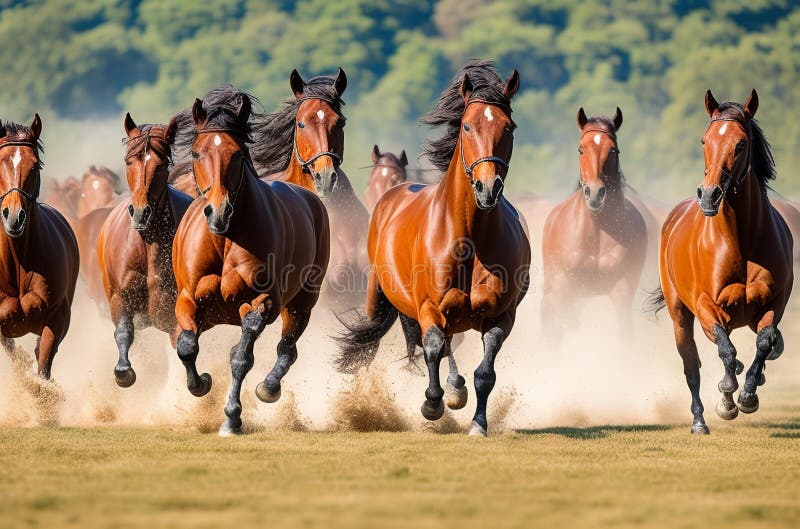 Galloping Glory: Brown Horse Herd in a Breathtaking Run. Stock ...