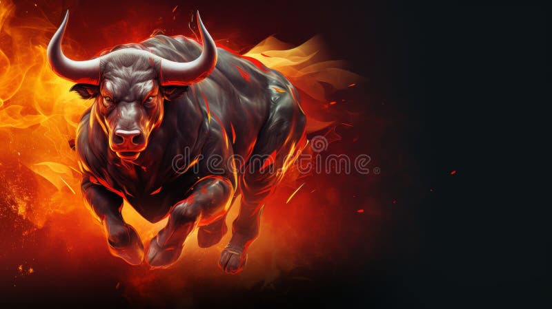 Red Fire Bull, Sparks Fly from Under the Hooves, Side View, on Night ...