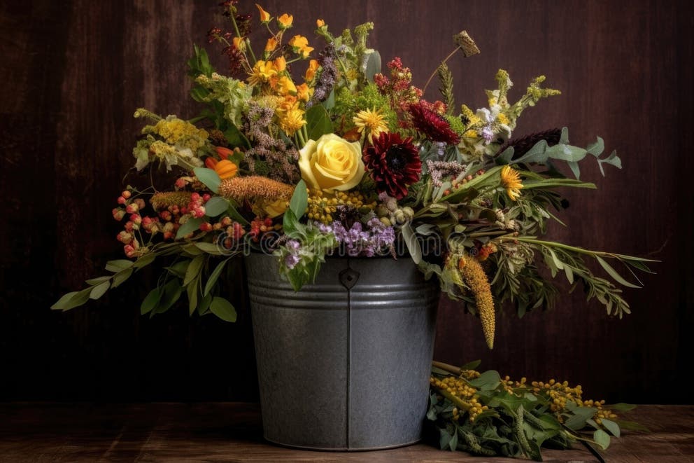 Galvanized Bucket with Fall Flowers and Foliage Stock Image - Image of ...