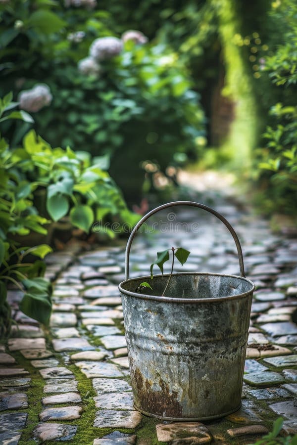 A Galvanized Metal Bucket Stands in the Summer Garden Stock Image ...