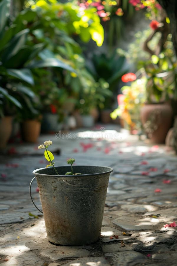 A Galvanized Metal Bucket Stands in the Summer Garden Stock Image ...