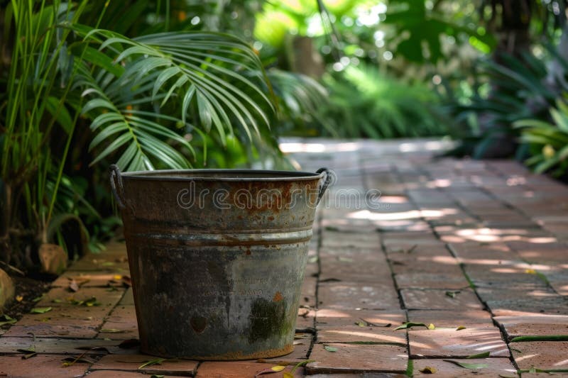 A Galvanized Metal Bucket Stands in the Summer Garden Stock Photo ...