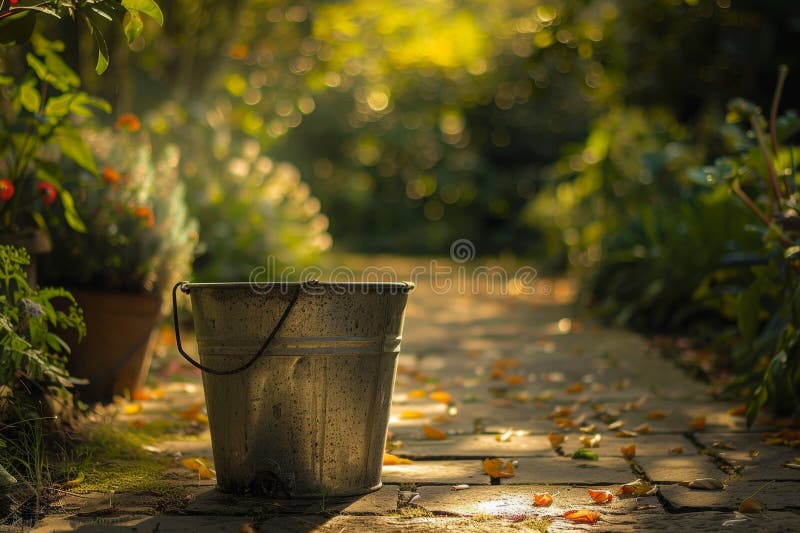 A Galvanized Metal Bucket Stands in the Summer Garden Stock Image ...