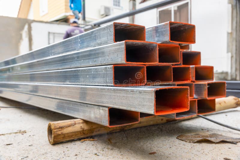 Galvanized Rectangular Steel Tube in Construction Site Stock Image ...