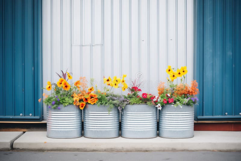 Galvanized Steel Containers with Bright Flowers Stock Image - Image of ...