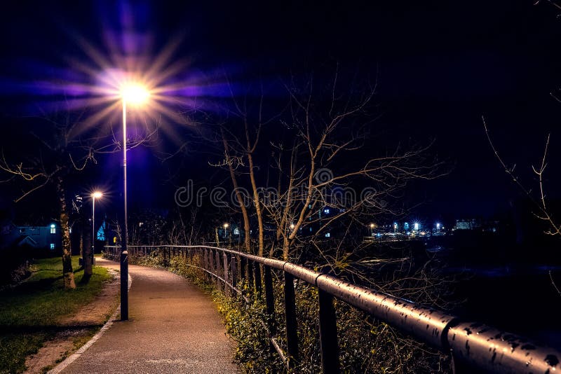 Galway / Ireland - 21/11/2020: Empty Walk Path by River Corrib at Night ...