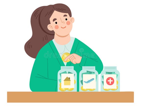 Illustration of Woman Saving Money in Jars Stock Vector - Illustration ...