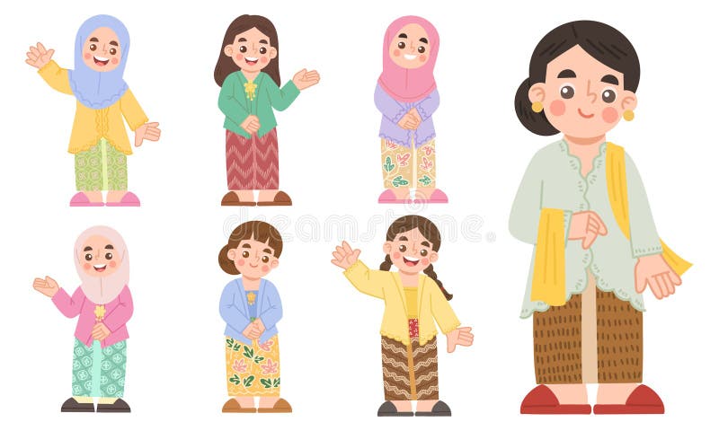 Set of Illustrations of Women Wearing Traditional Kebaya Clothes Stock ...