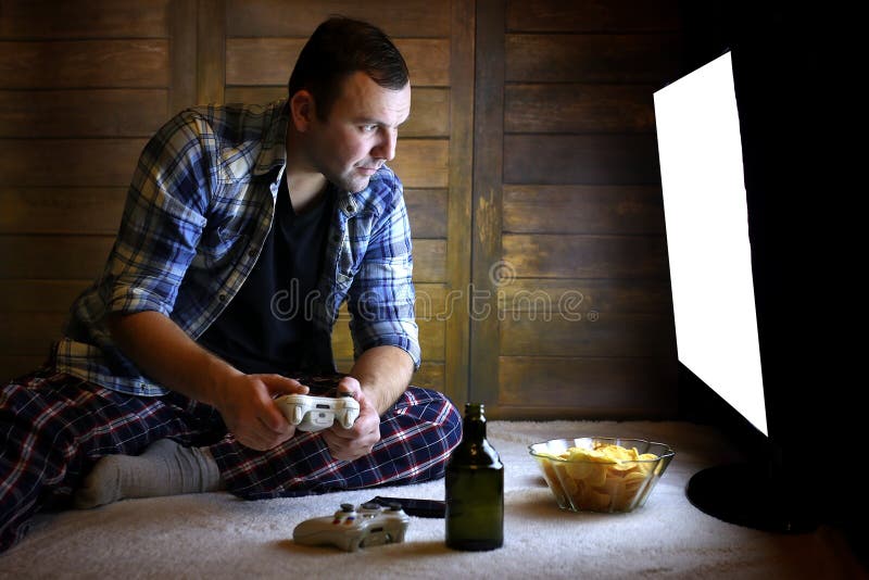 Man Playing on a Console on the Joystick before the Big TV Stock Image ...