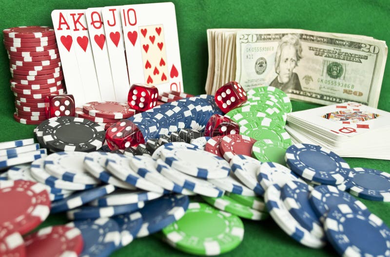 Set of Gambling Objects - Poker Chips - Cards - Dices - Money Stock ...