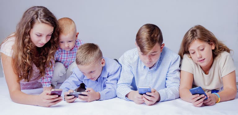 Game Addiction Concept. Group of Kids Using Electronic Devices. Stock ...