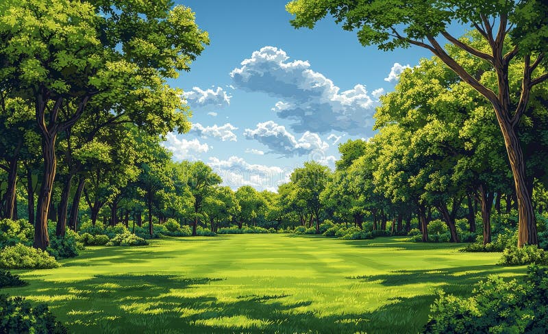 Game and Animation Cartoon Background with a Green Forest, Blue Sky ...