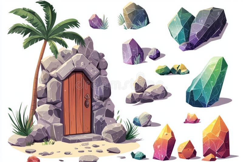 Game Assets in Cartoon Style Featuring Trees, Rocks, Ruins, and ...