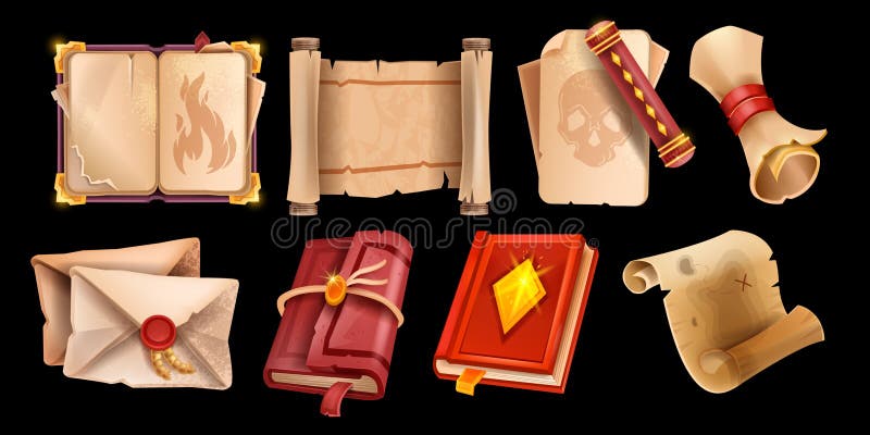 Game Book Icon Set, Magic Medieval Grimoire, Vector Fantasy Parchment ...