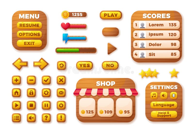 Game Buttons and User Interface Elements, Set of Vector Illustrations ... Game Buttons and User Interface Elements, Set of Vector Illustrations ...