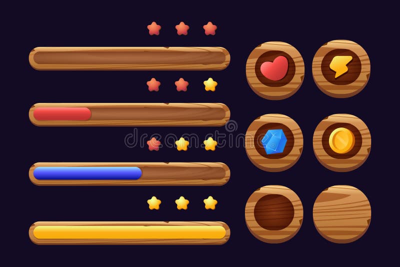 Game Buttons of Wooden and Gold Texture Cartoon Menu Interface Elements ... Game Buttons of Wooden and Gold Texture Cartoon Menu Interface Elements ...