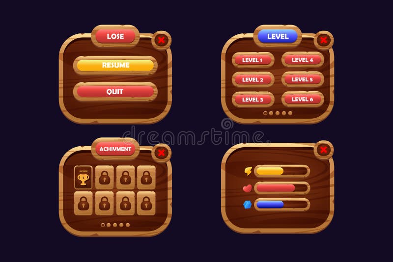 Game Buttons of Wooden and Gold Texture Cartoon Menu Interface Elements ... Game Buttons of Wooden and Gold Texture Cartoon Menu Interface Elements ...