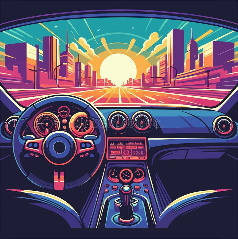 Game Car Seat Drive with Straight Road and Sunset View Vector Stock ...