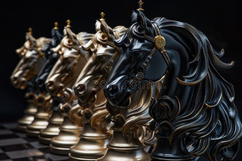 Game of Chess in the Foreground, Heads of Stallions with Flowing Manes ...