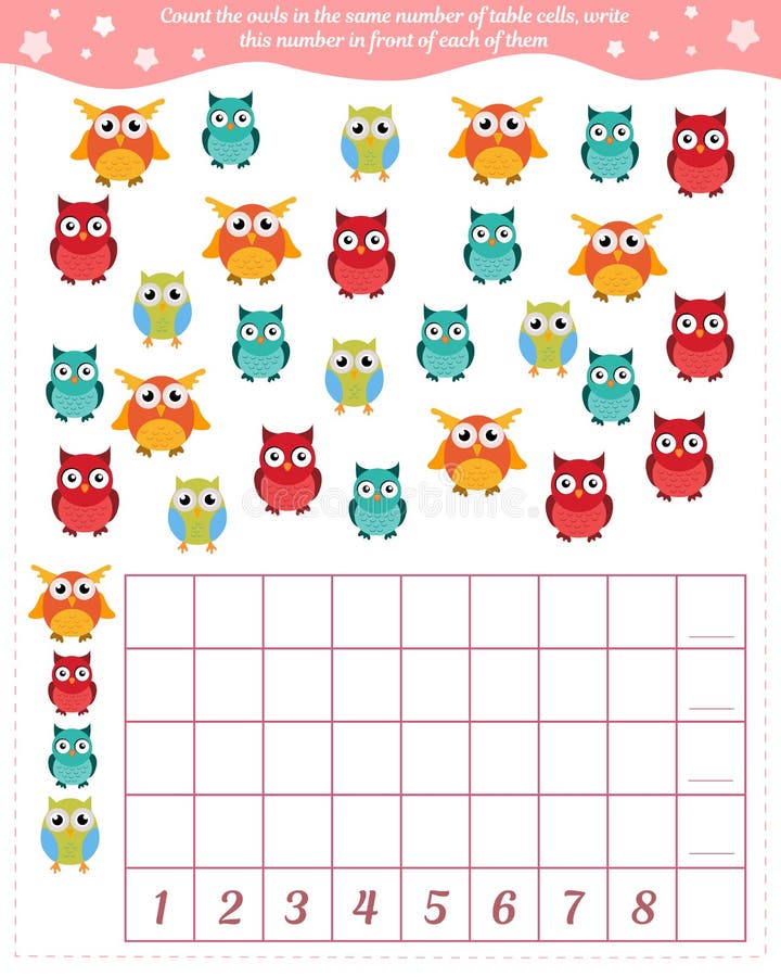A Game for Children. Count the Owls Fill in the Same Number of Cells in ...
