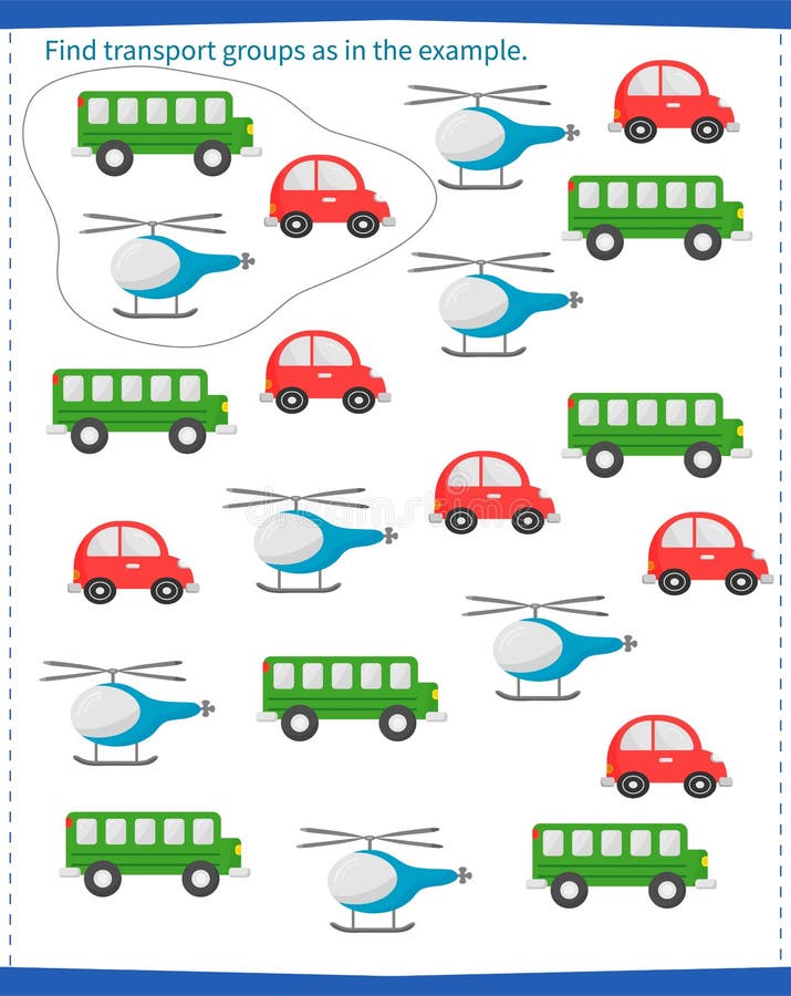 A Game for Children. Find All Vehicle Groups and Circle Them As Shown ...
