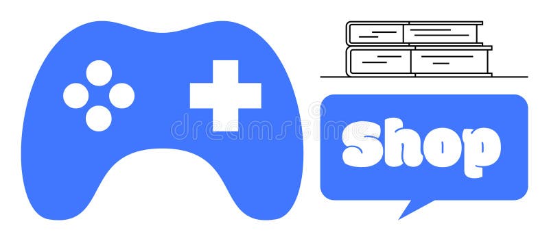 Game Controller and Book Stack with Shop Sign in Blue Vector ...