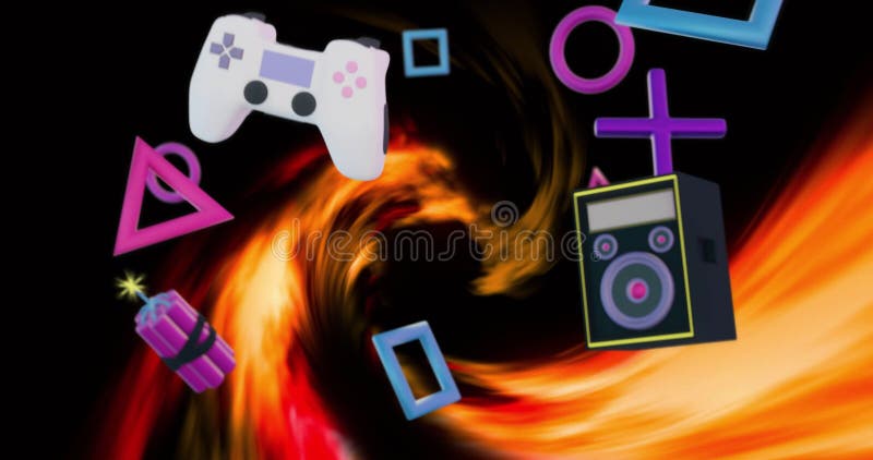 Game Controller, Dynamite, and Geometric Shapes Image Over Swirling ...