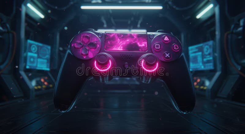 Game Controller with Glowing Pink Lights in Futuristic Setting Stock ...