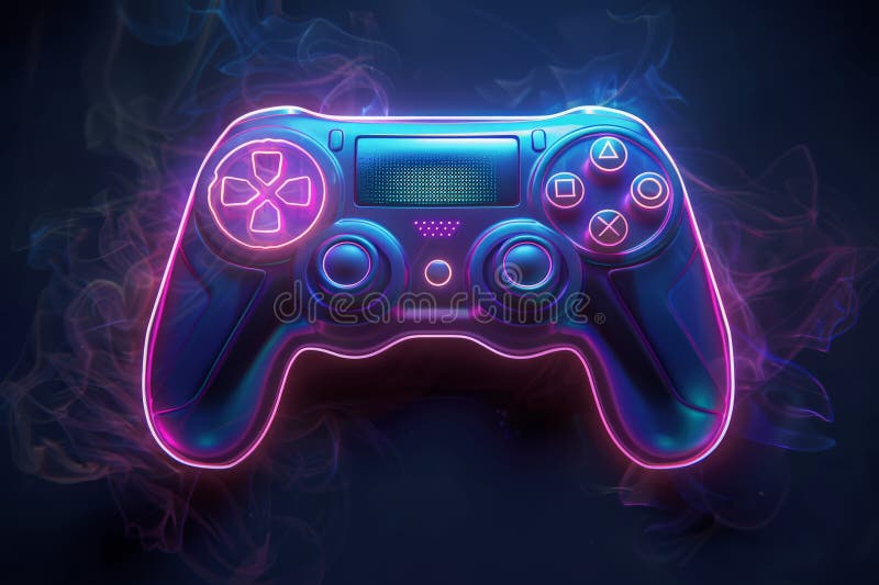 Game Controller or Joystick for Game Console Neon Light on Blue Dark ...