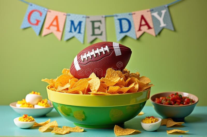 Game Day Celebration with Chips, Football, and Festive Banners Stock ...